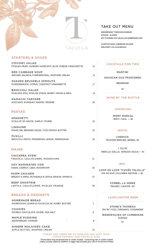 Take Out Menu — Talulla