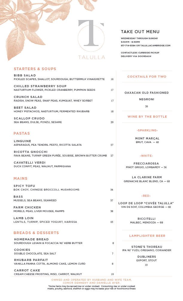 Take Out Menu — Talulla