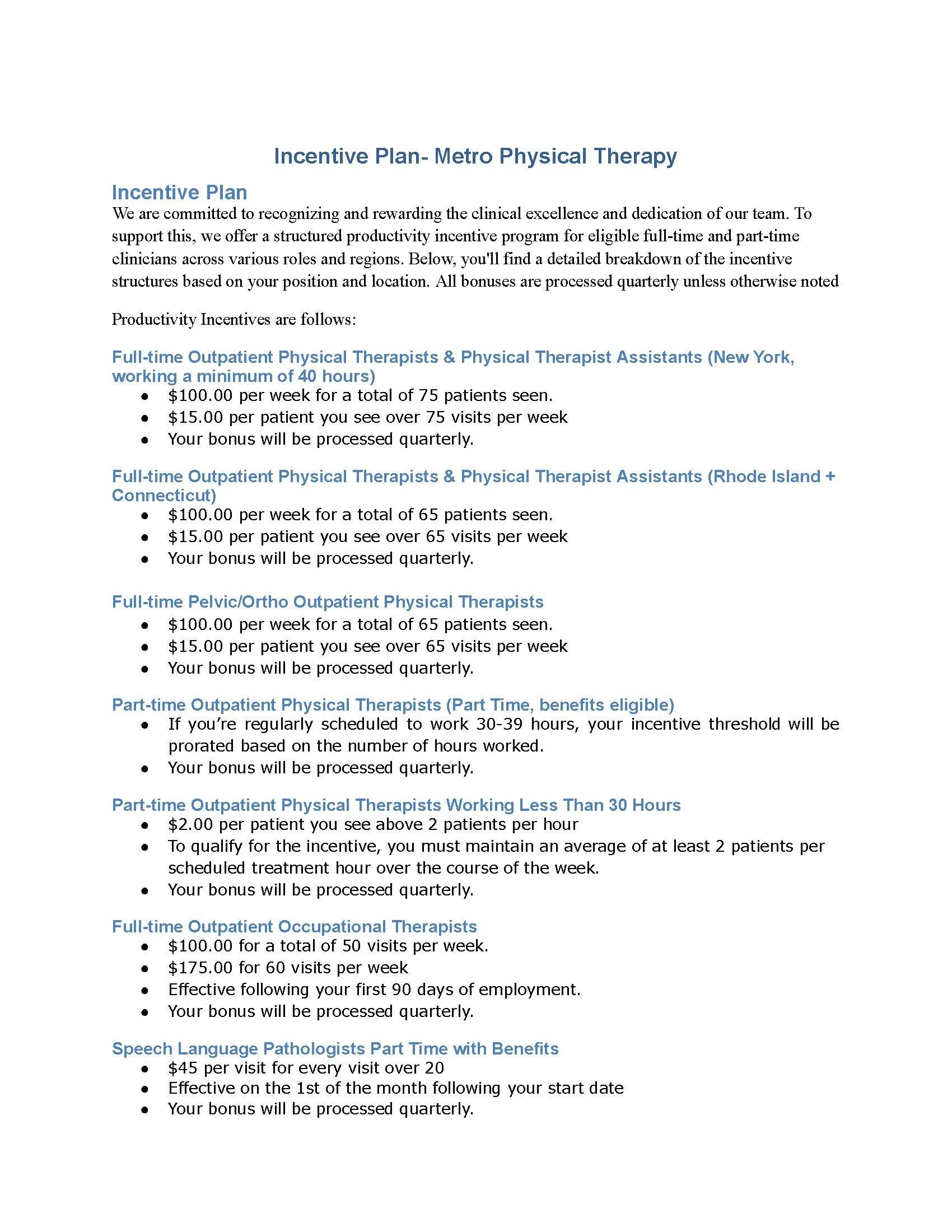 Incentive Plan- Metro Physical Therapy