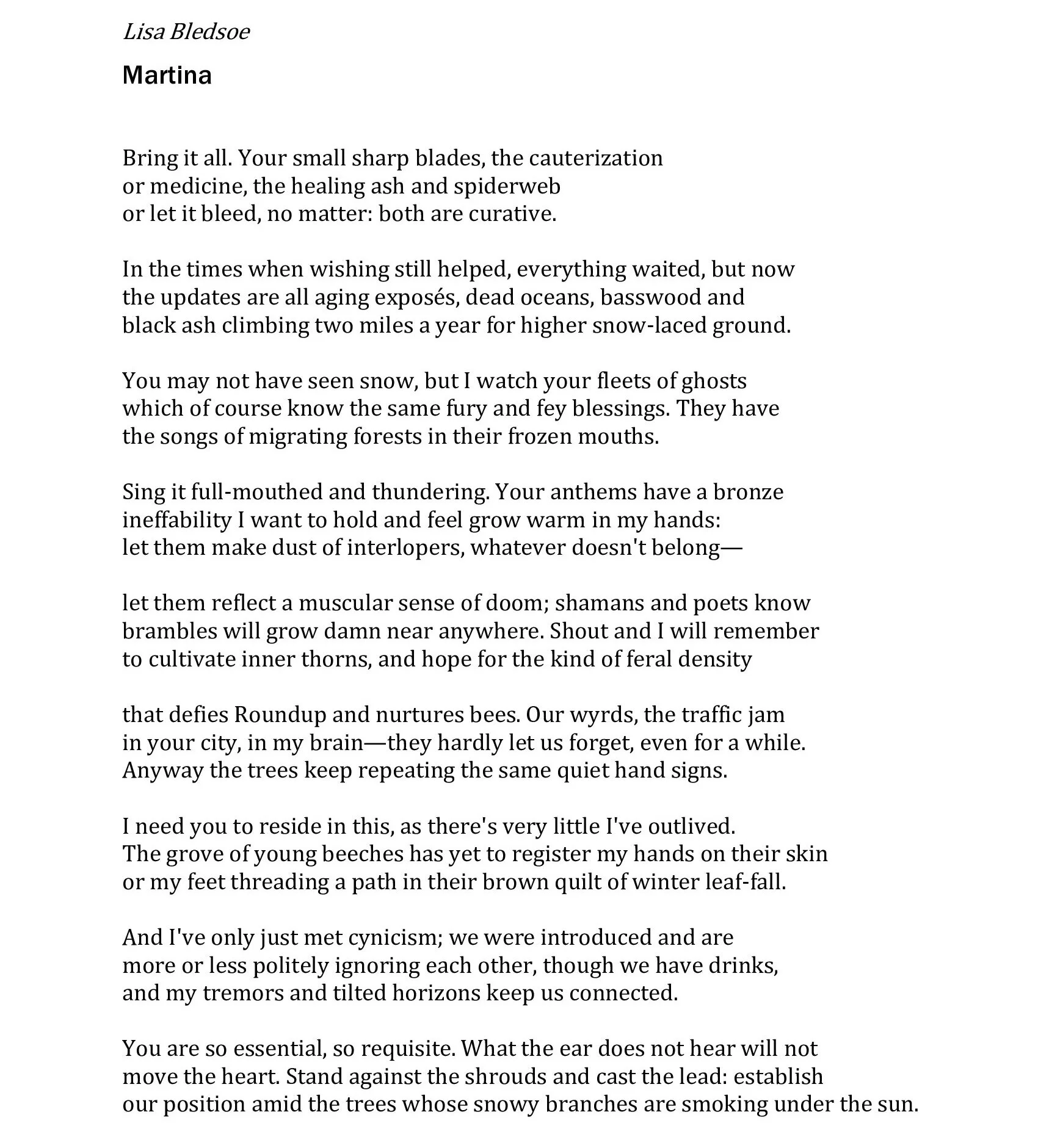 Lisa Bledsoe, Finalist — River Heron Review