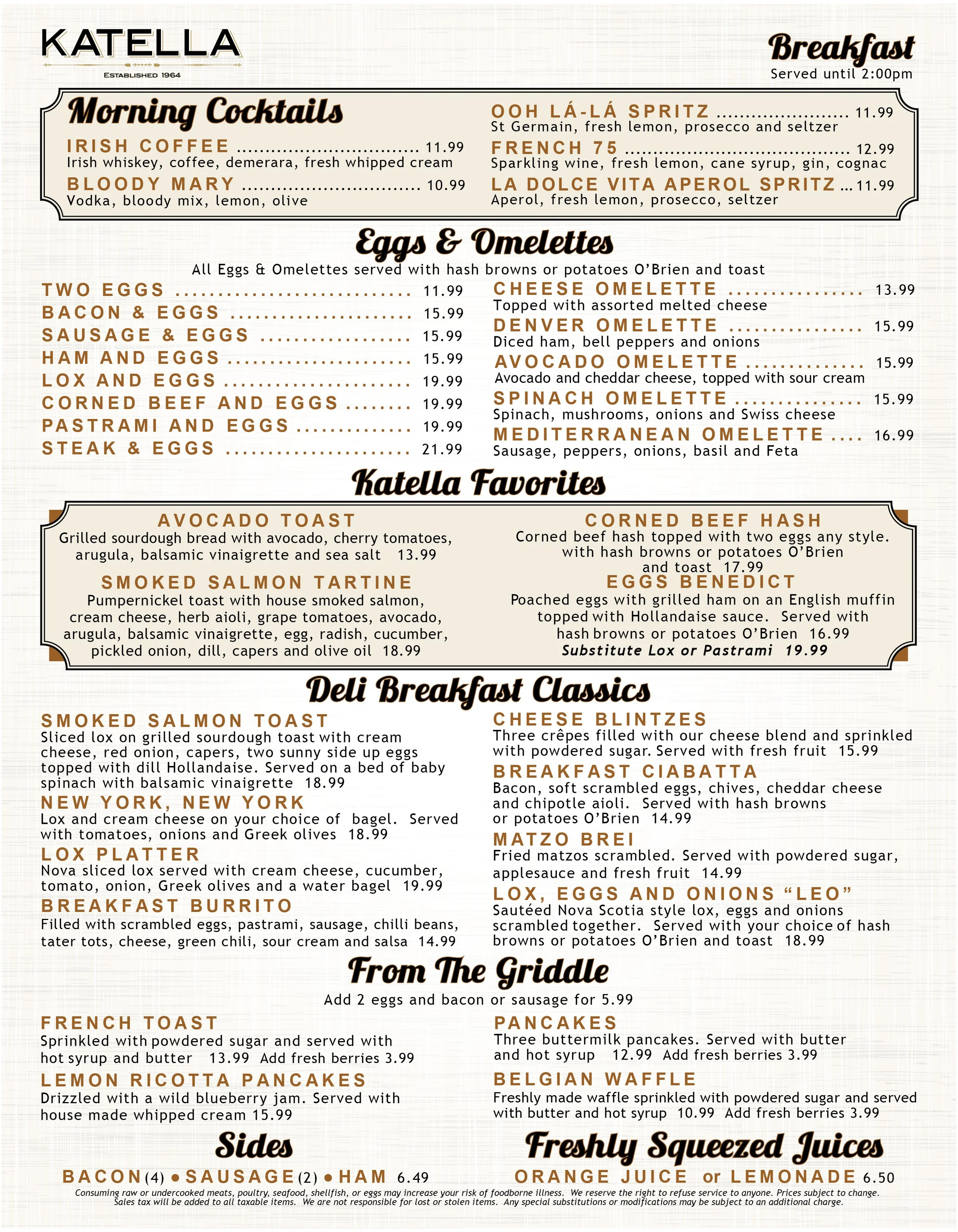 Restaurant Menu — Katella Bakery, Deli, Restaurant