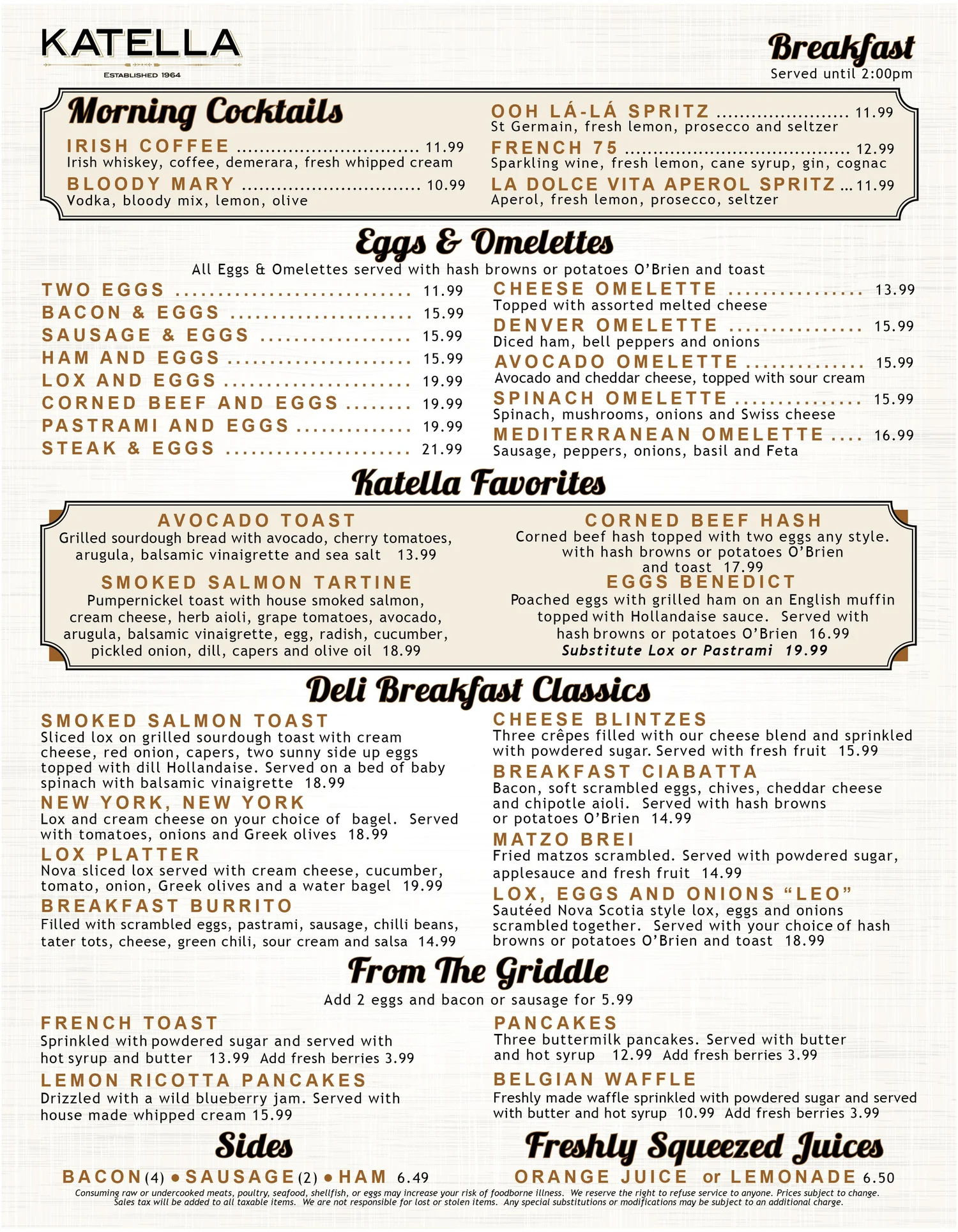 Restaurant Menu — Katella Bakery, Deli, Restaurant