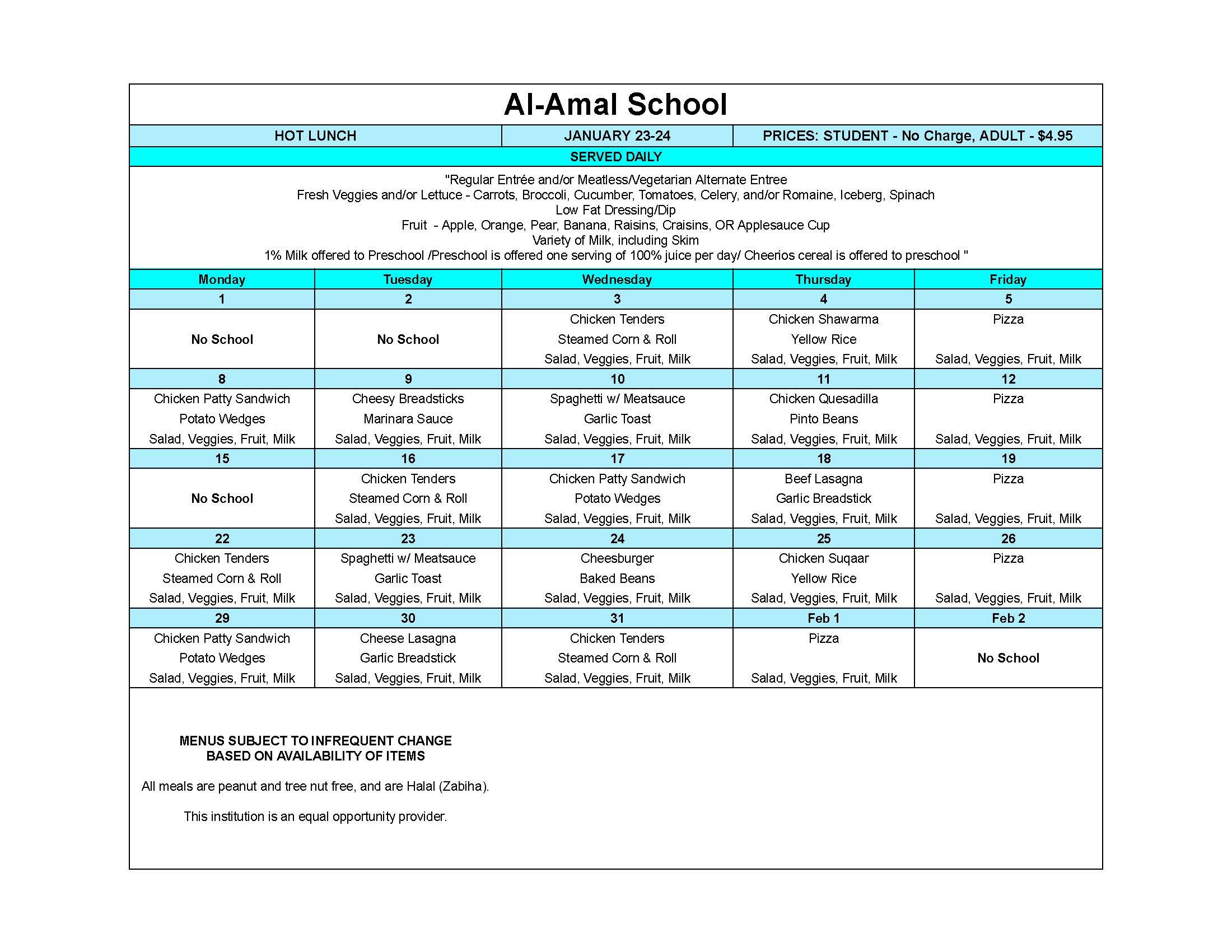 Food Program & Monthly Meal Offerings — Al-Amal School