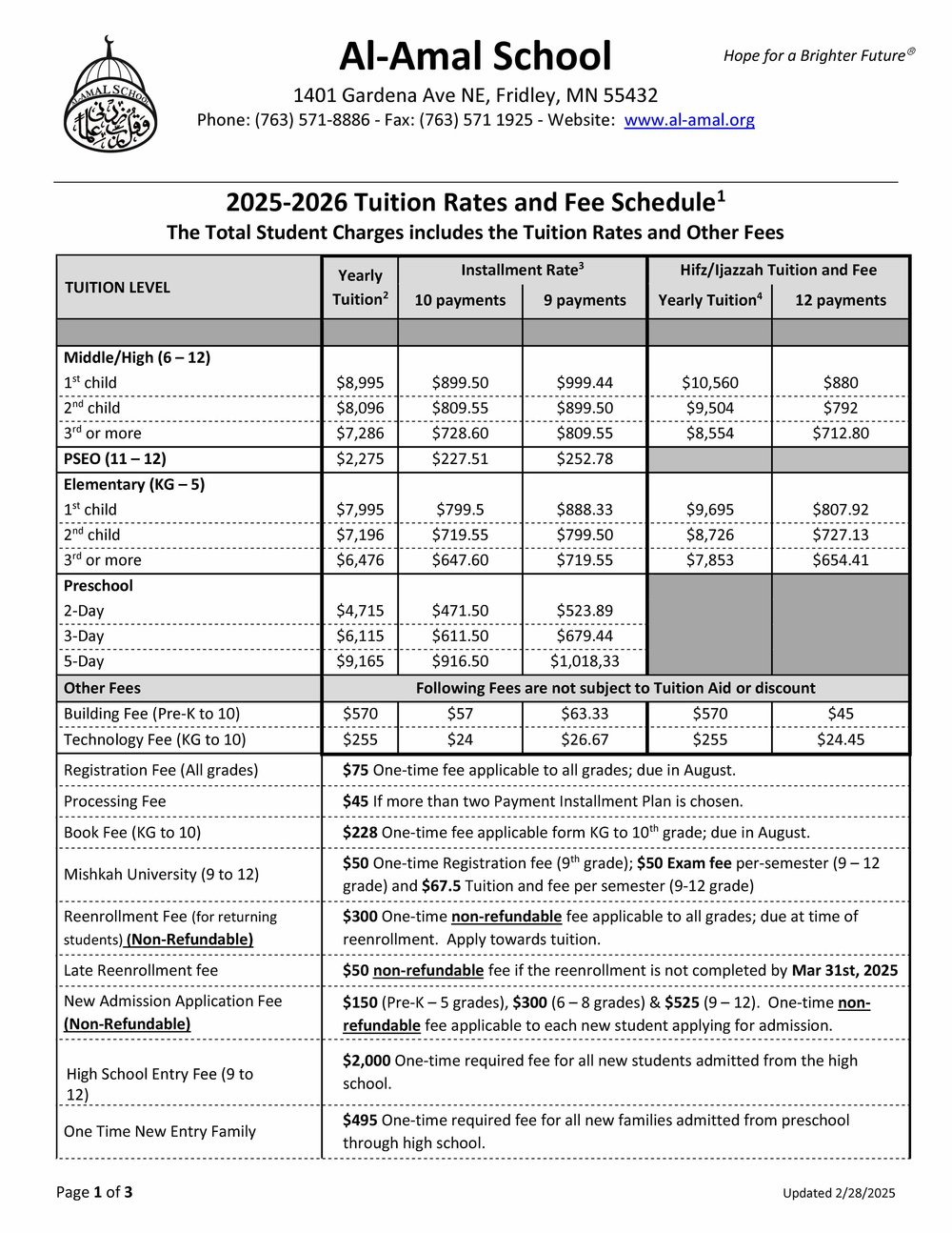 Tuition and Fees — Al-Amal School