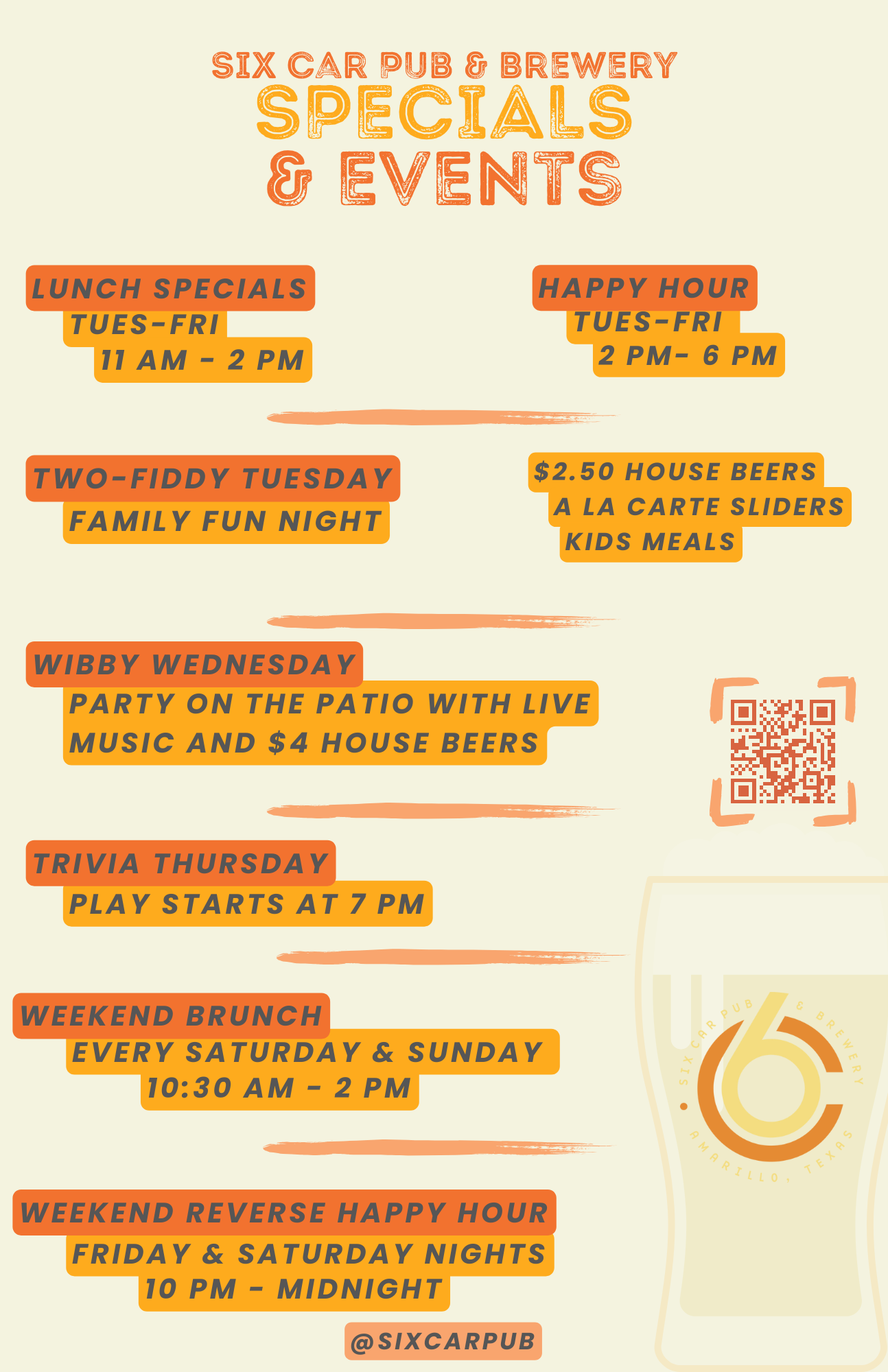 Weekly Specials | Six Car Pub & Brewery | Restaurant | Amarillo, Texas