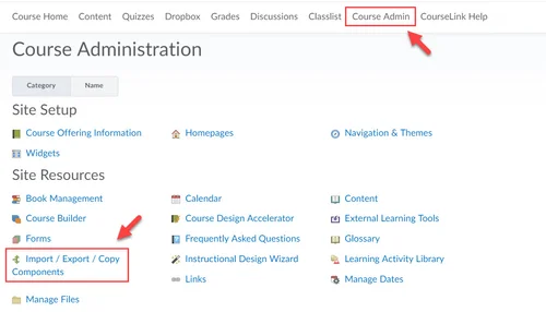 Import / Export / Copy Components — CourseLink Documentation & Support