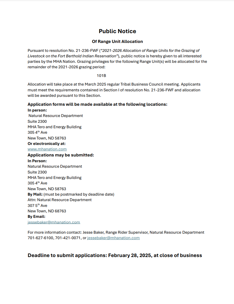 Public Notice - Of Range Unit Allocation — MHA Nation