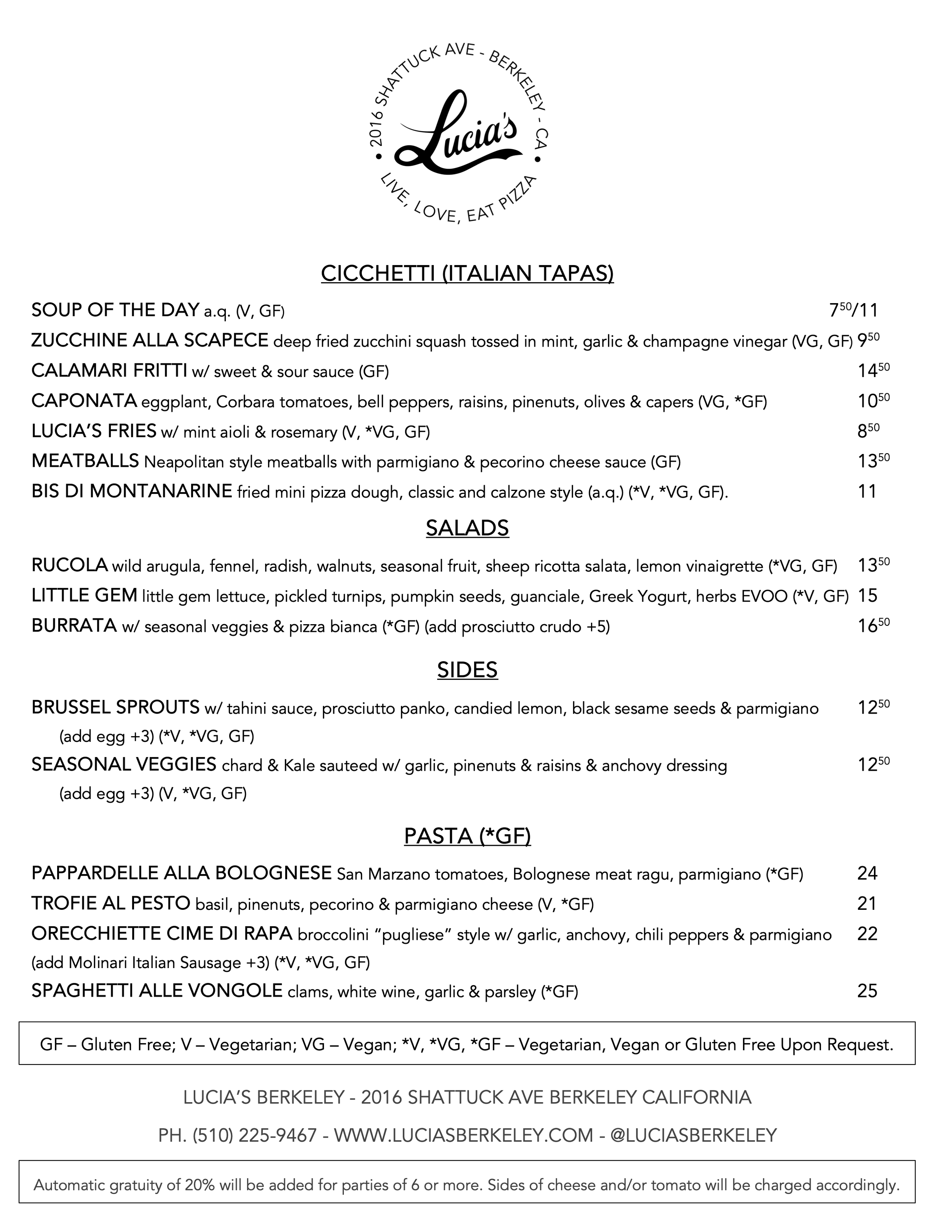 Menu — LUCIA'S BERKELEY