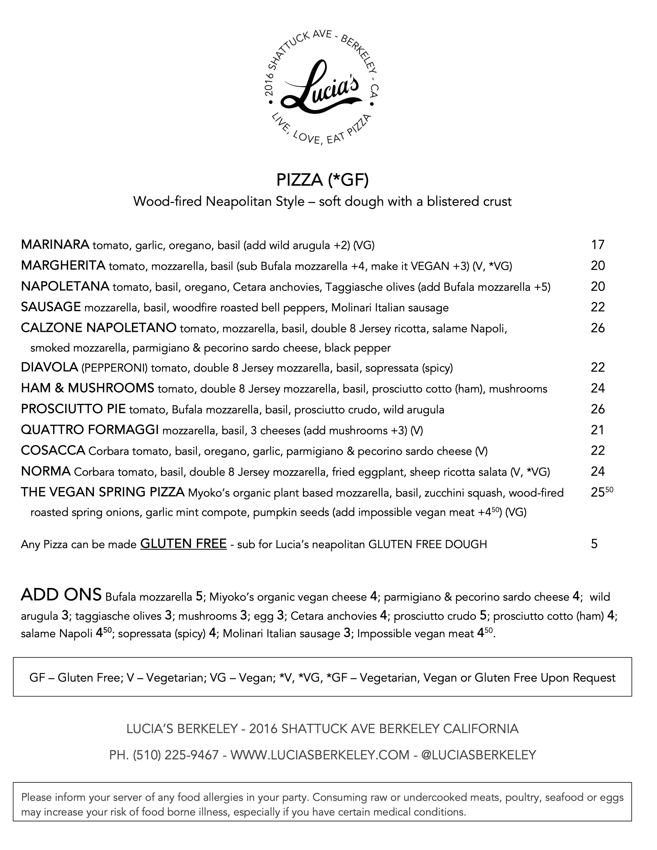 Menu — LUCIA'S BERKELEY