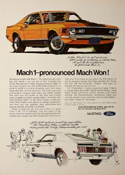 1970 Ford Mustang Mach 1 "Mach Won" Print Ad — StangBangers