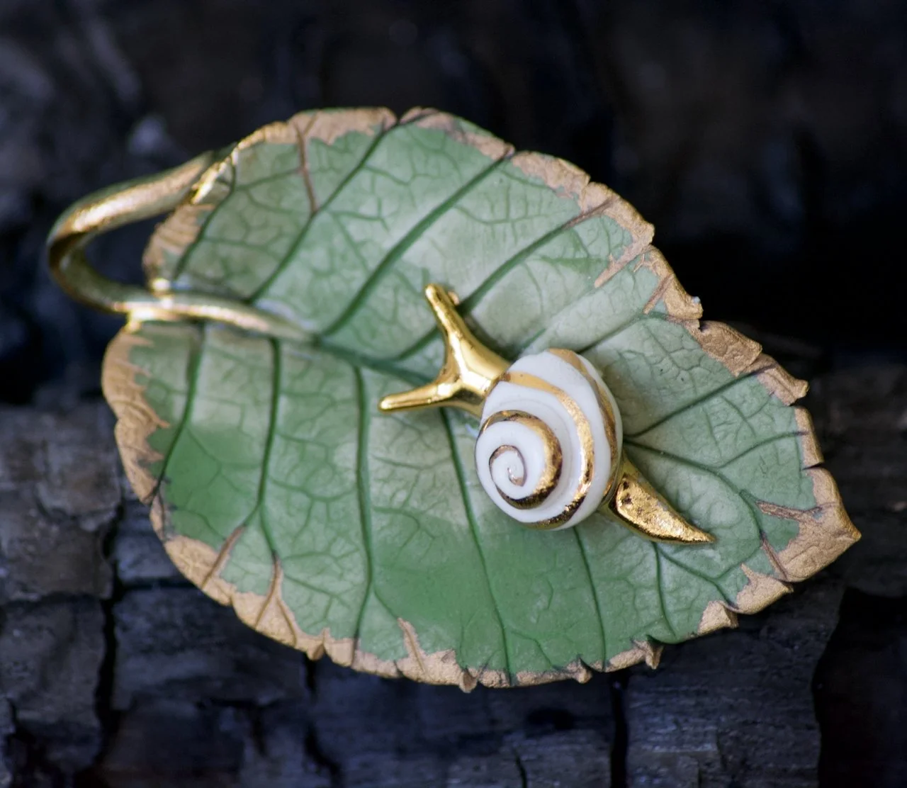 Porcelain Gold Glazed Snail Leaf Brooch — The Butterfly Babe