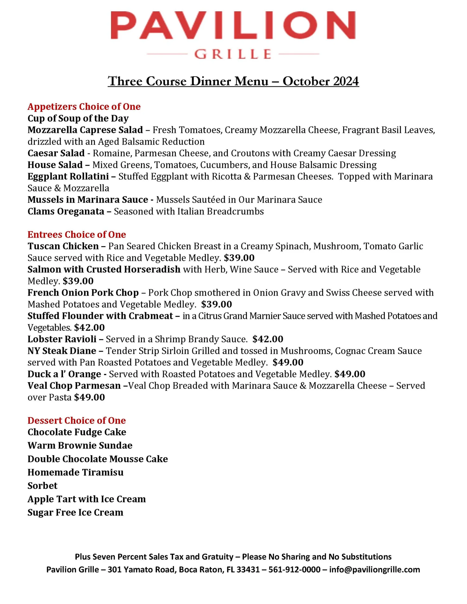 Three Course Menu — Pavilion Grille
