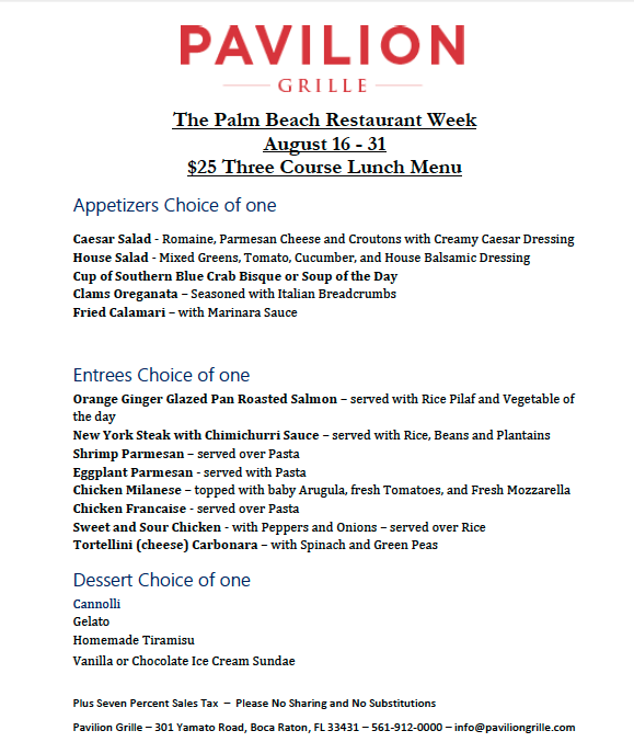 Flavors Menus — Pavilion Grille
