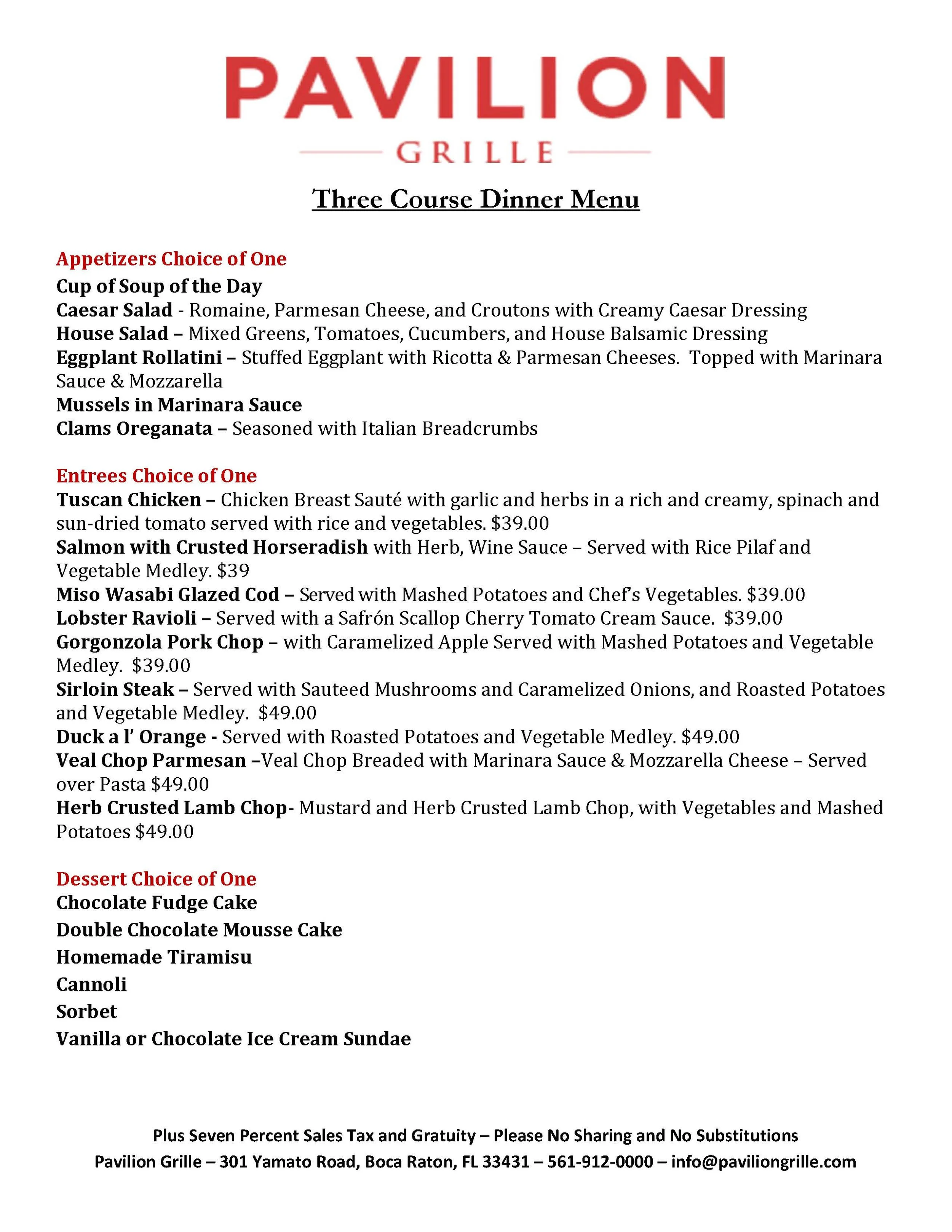 Three Course Menu — Pavilion Grille