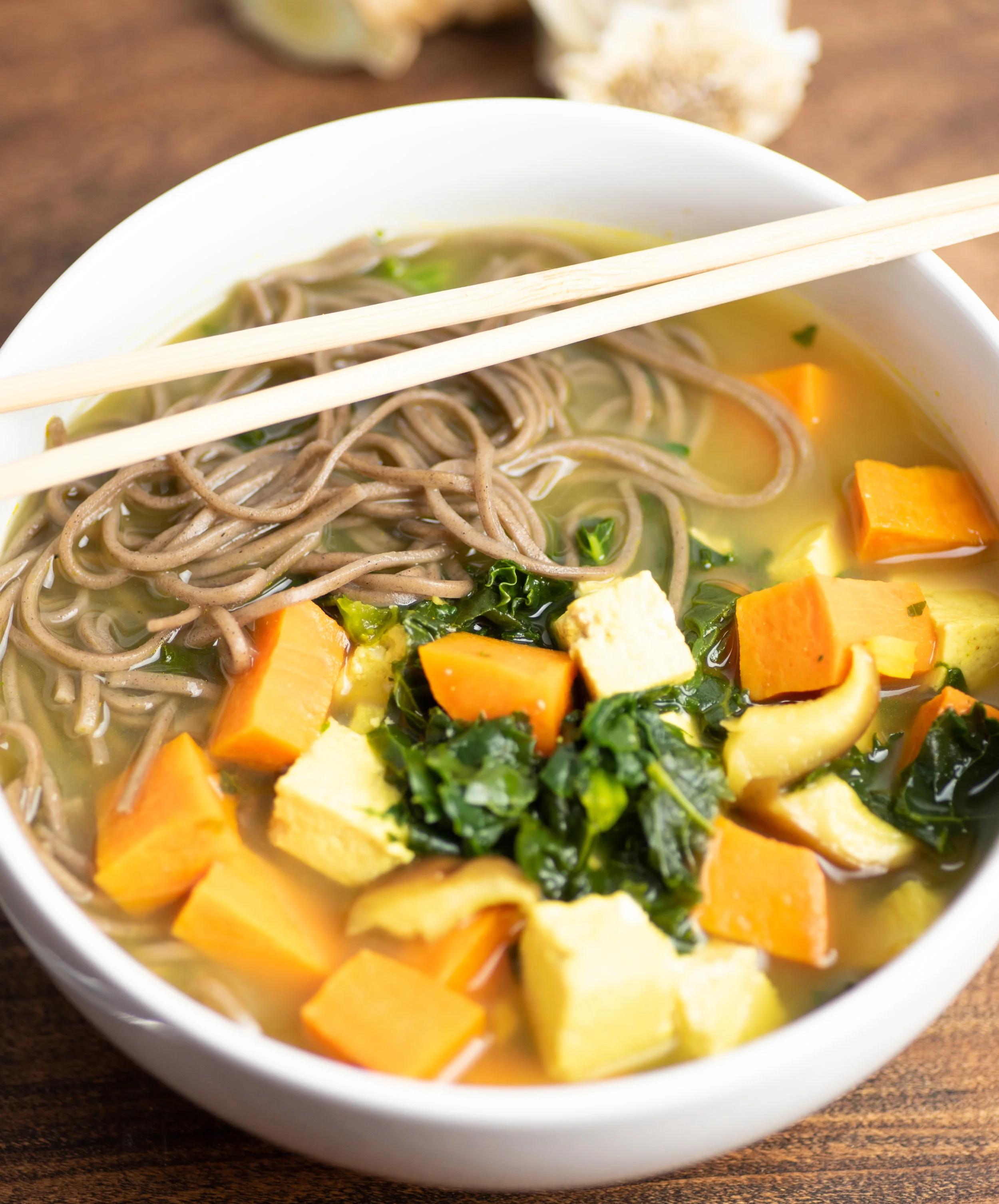 Mighty miso soba soup with turmeric and ginger — Happy Apple Vegan