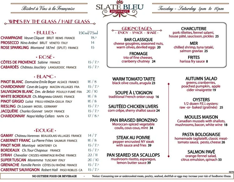 MENU — Slate Bleu Restaurant