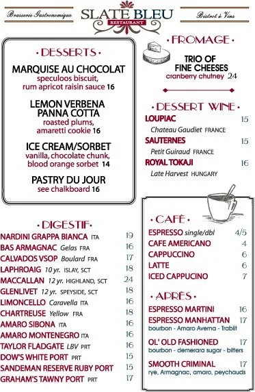 MENU — Slate Bleu Restaurant
