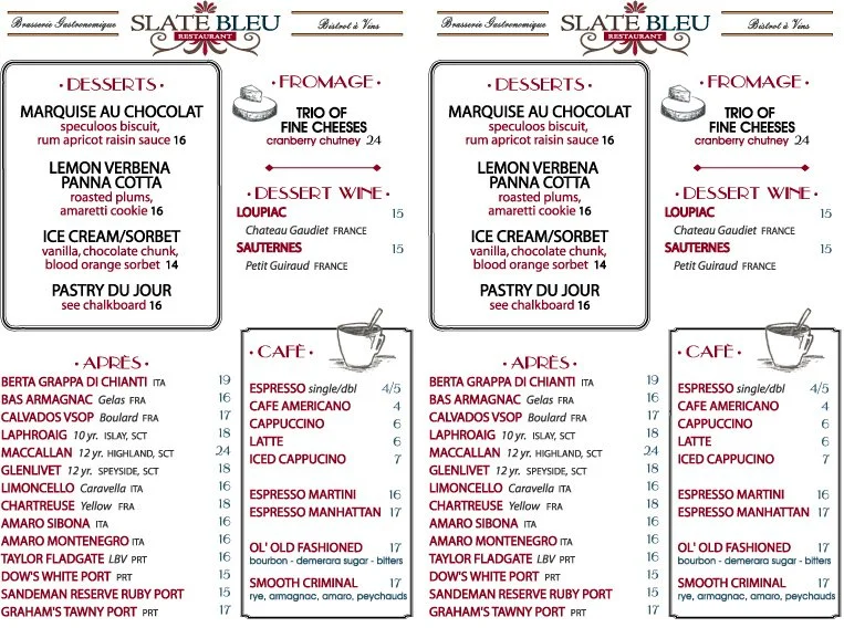 MENU — Slate Bleu Restaurant
