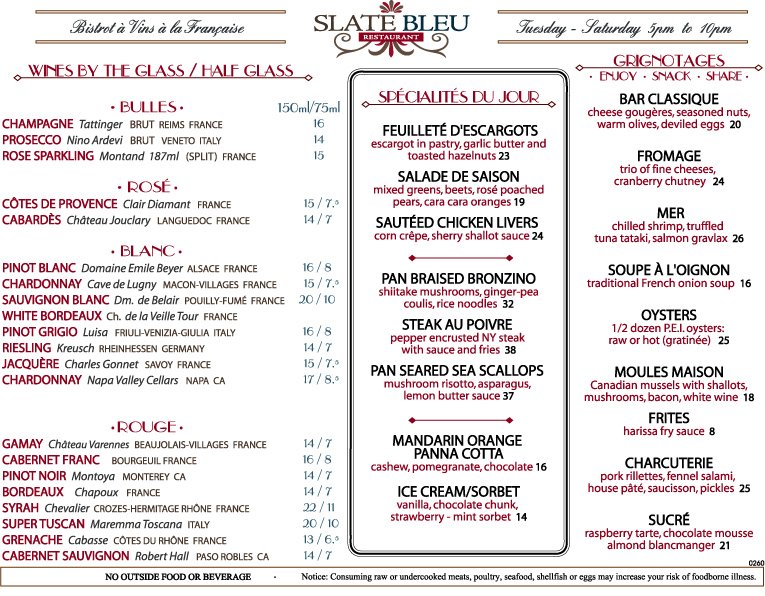 MENU — Slate Bleu Restaurant