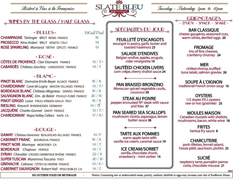 MENU — Slate Bleu Restaurant