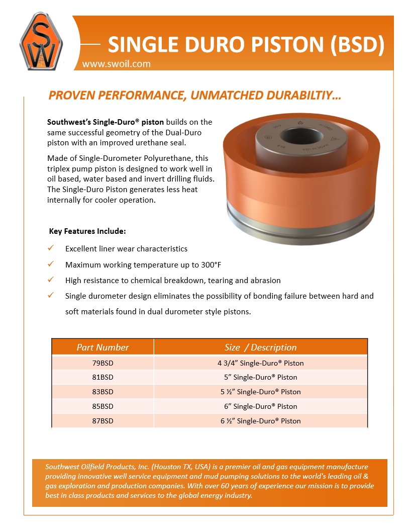 Piston Information — Southwest Drilling Supplies Ltd.
