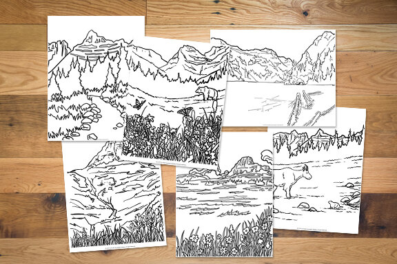 Color Glacier National Park coloring pages — CORVIDAE drawings & designs