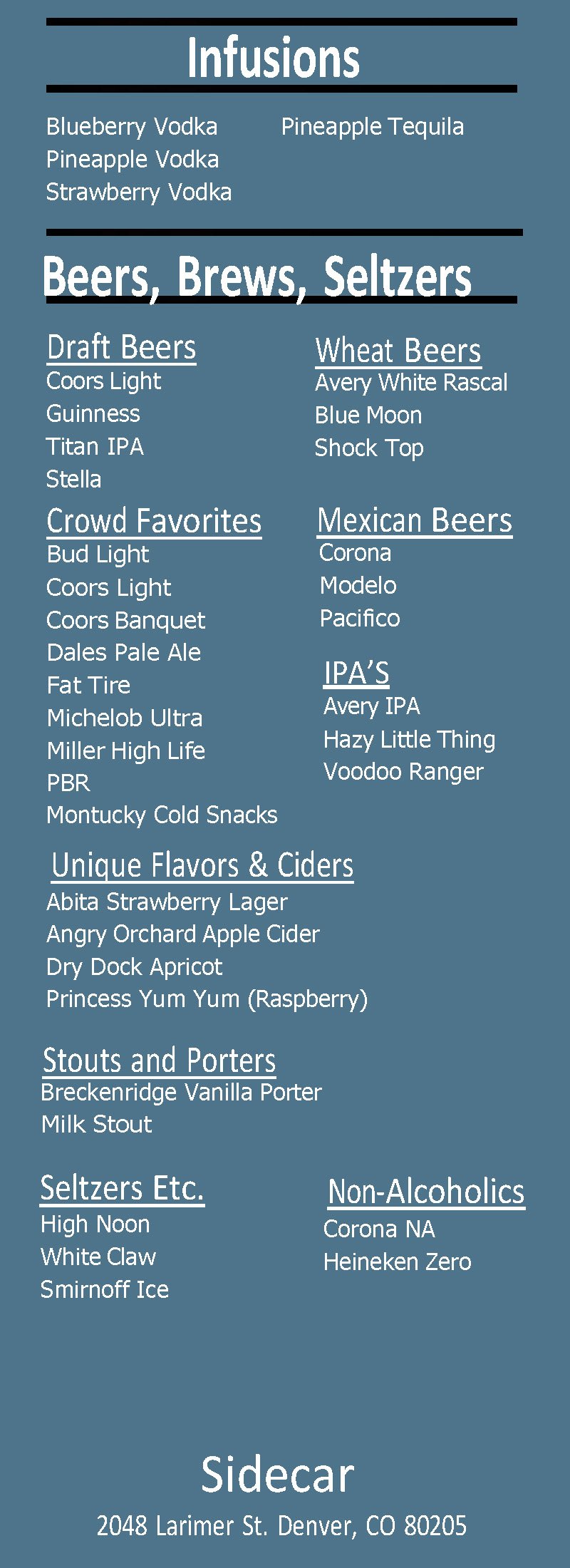 Sidecar Denver Drink Menu — Sidecar Lounge