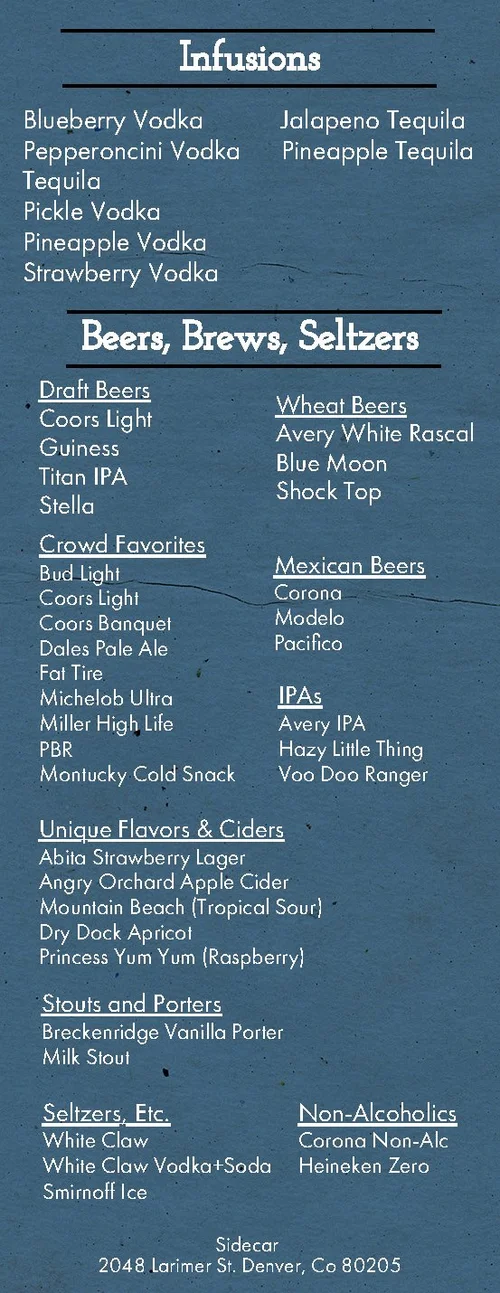 Sidecar Denver Drink Menu — Sidecar Lounge