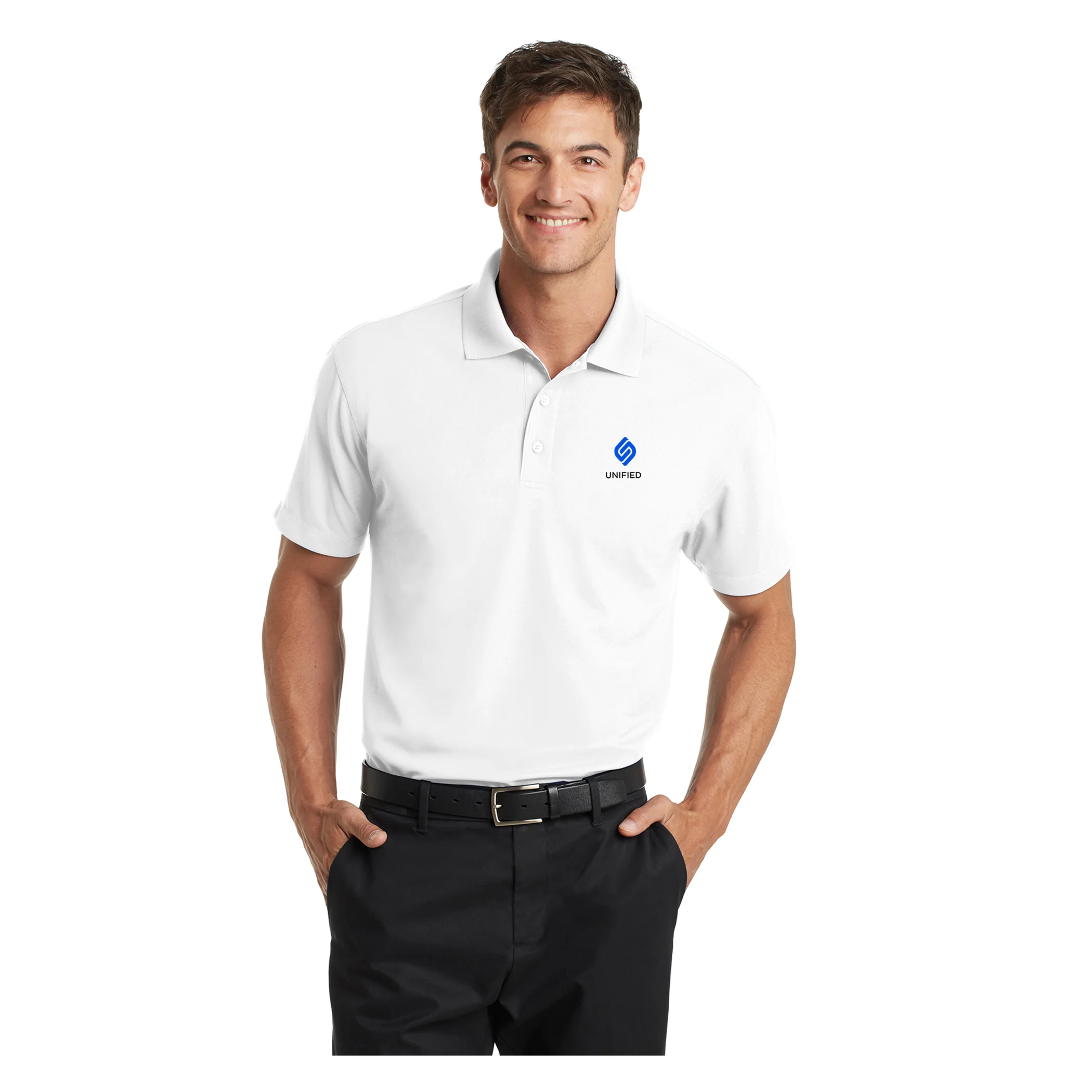 Unisex White Performance Polo — Unified Bank Apparel