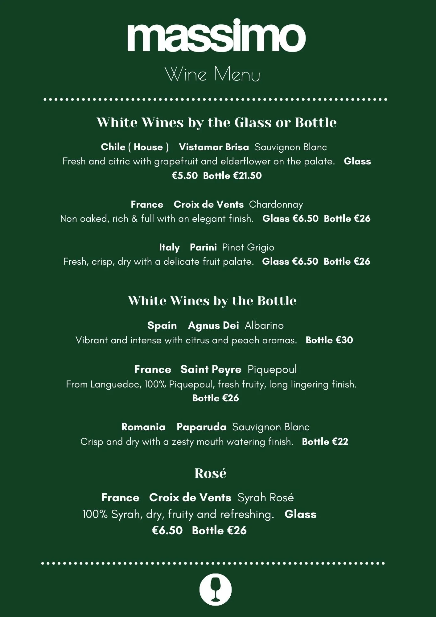 Cocktail, Wine and Prosecco Menu — Massimo