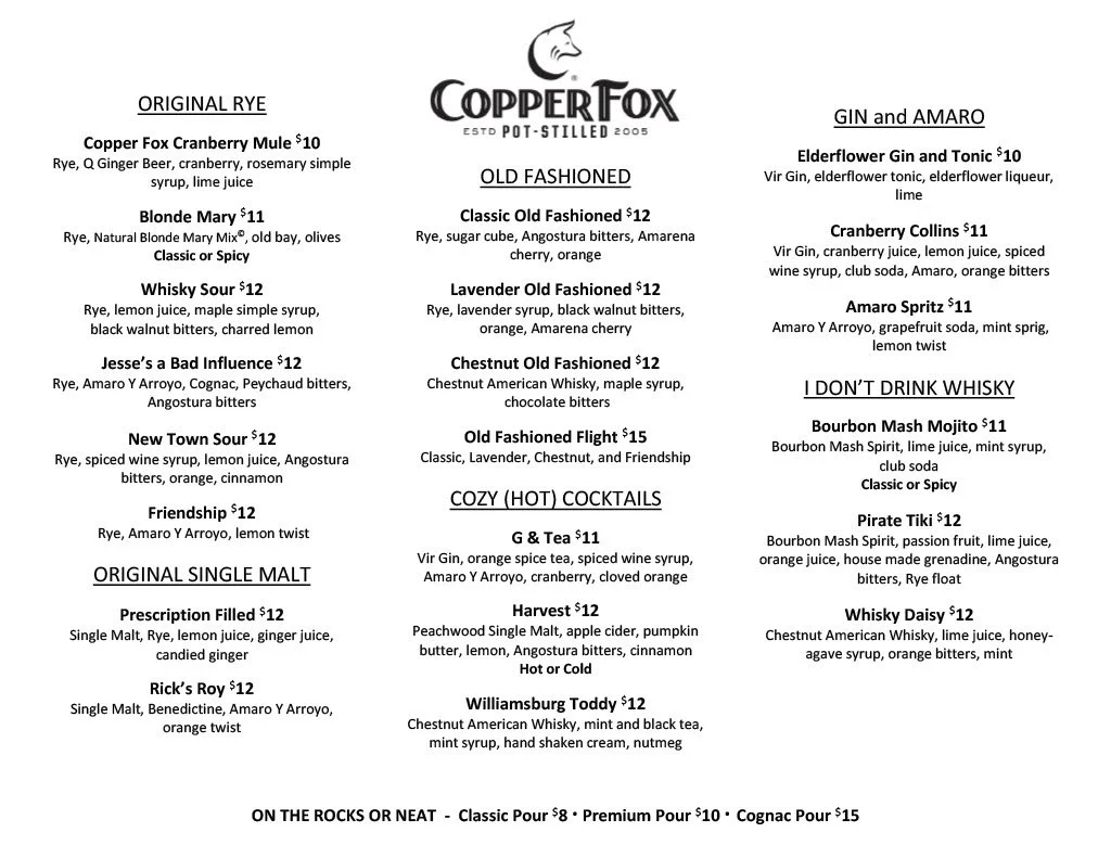 Copper Fox Distillery — Cocktail Menu