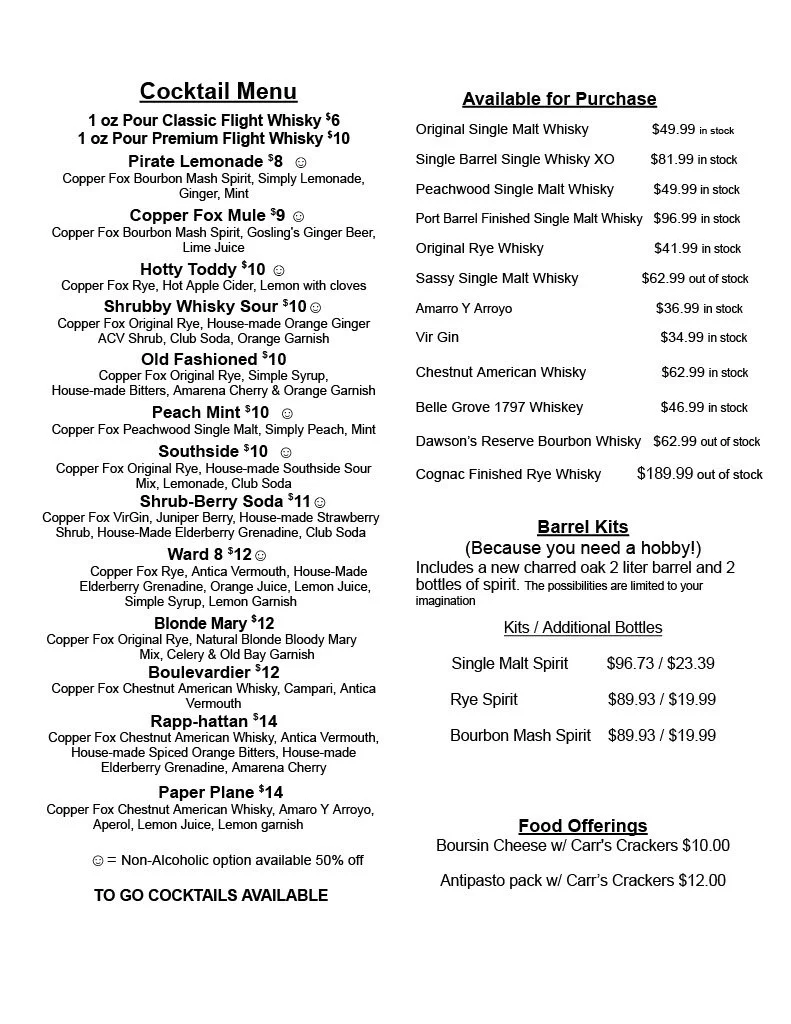 Copper Fox Distillery — Cocktail Menu