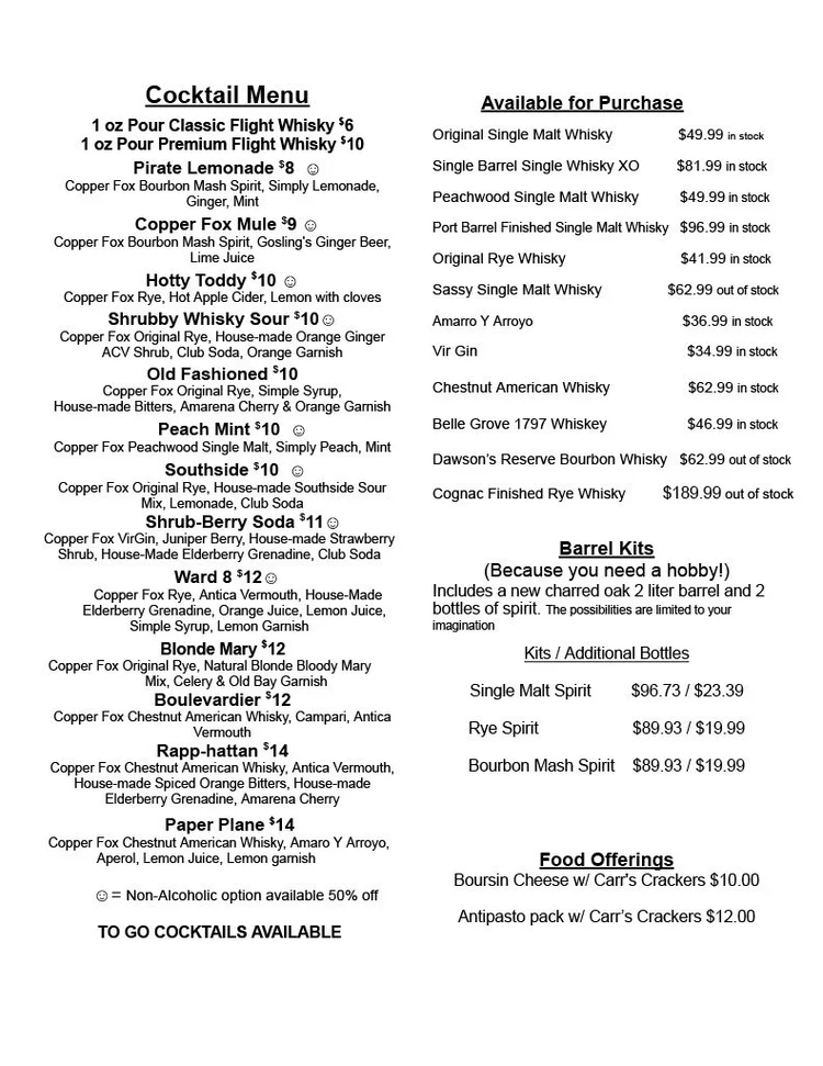 Copper Fox Distillery — Cocktail Menu