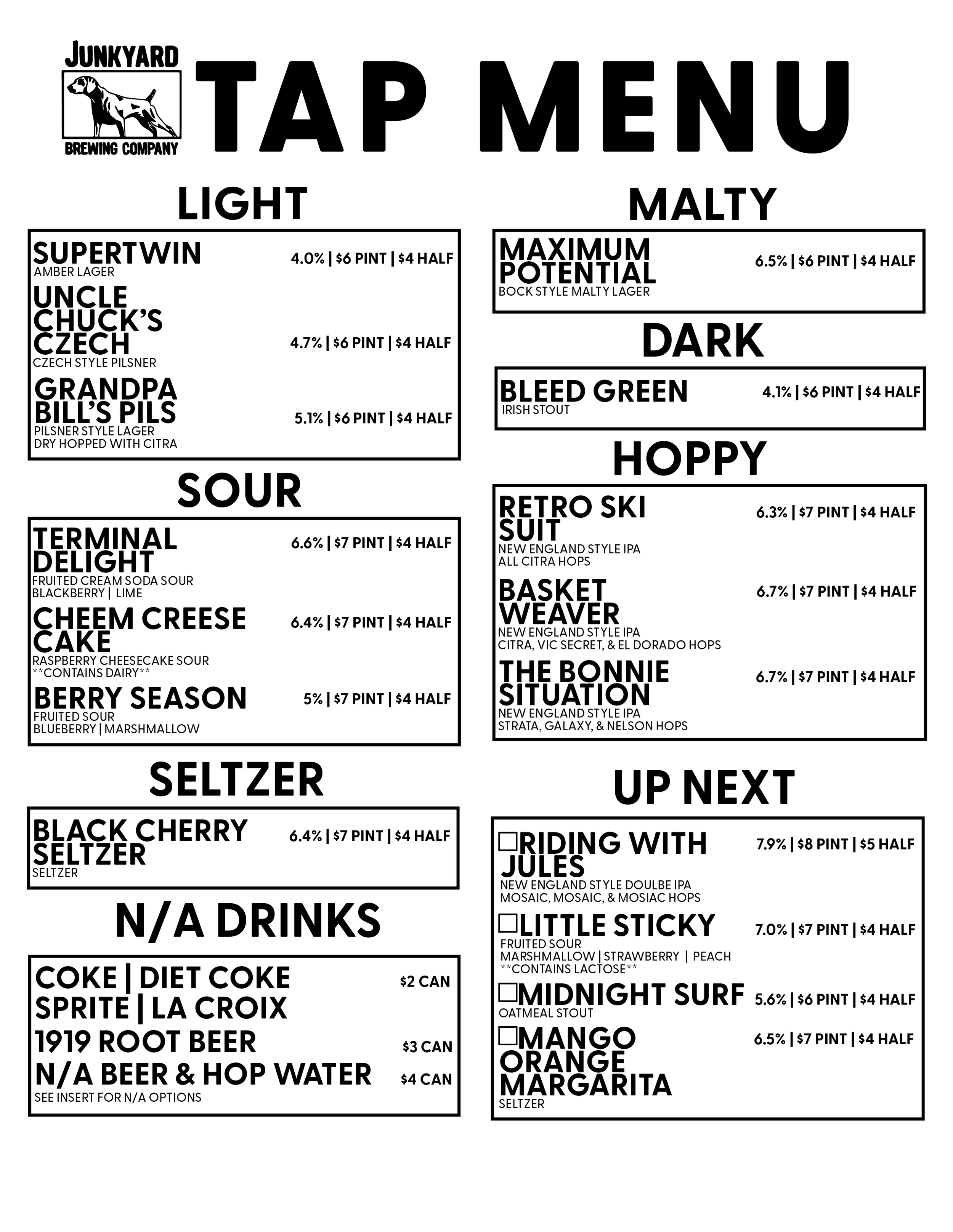 Menus — Junkyard Brewing Company | Small craft brewery in Moorhead, MN