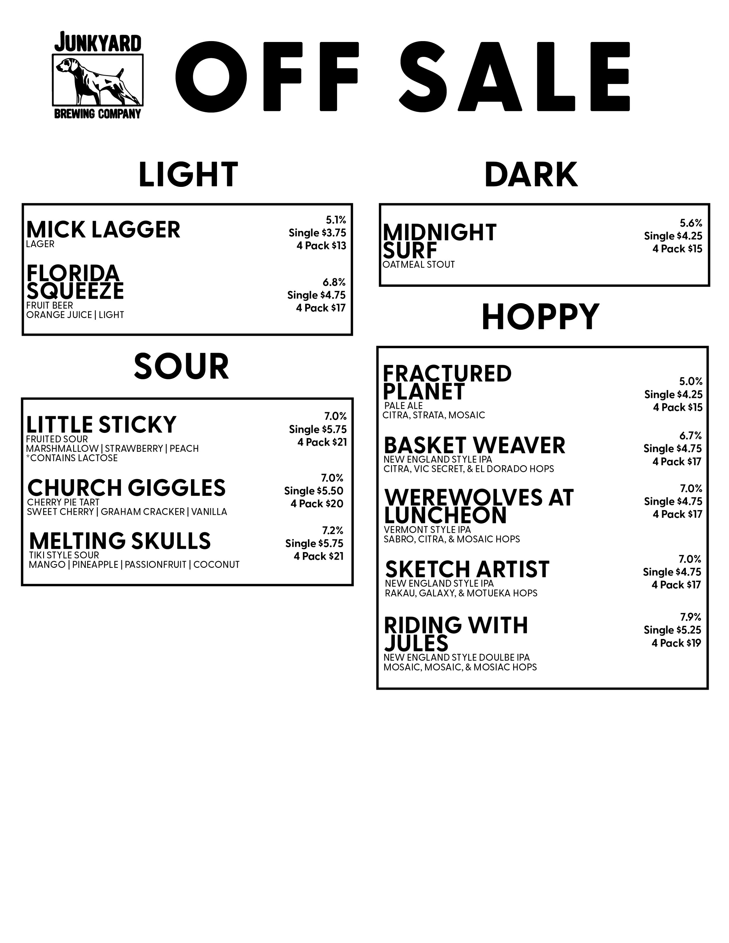 Menus — Junkyard Brewing Company | Small craft brewery in Moorhead, MN
