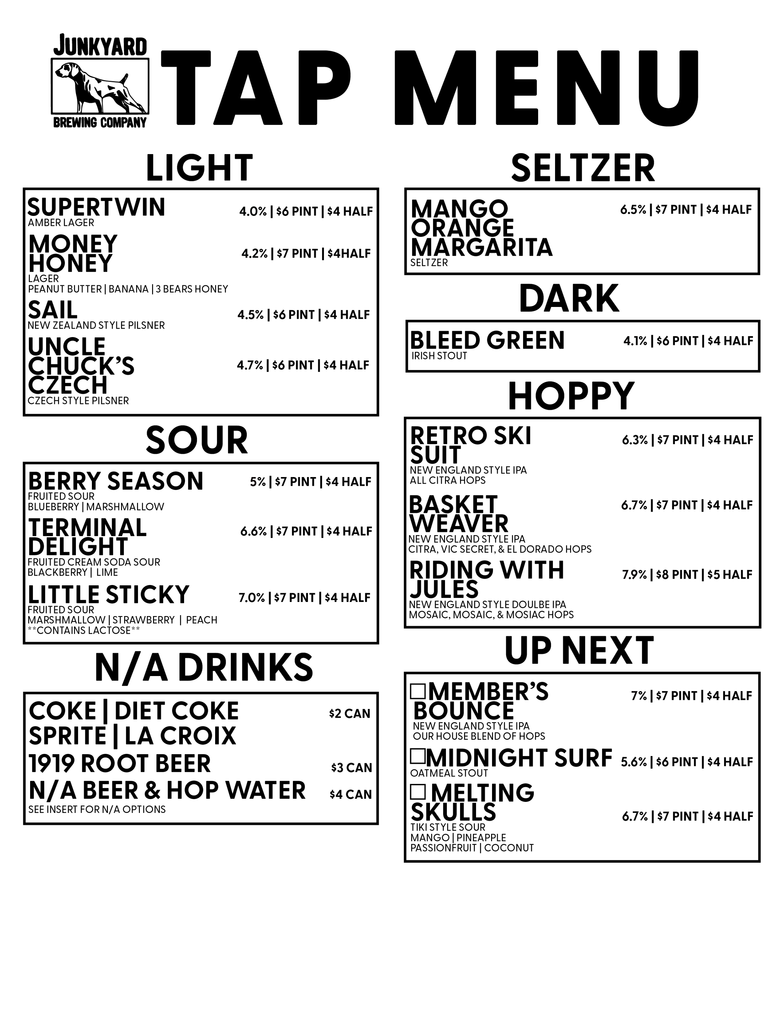 Menus — Junkyard Brewing Company | Small craft brewery in Moorhead, MN