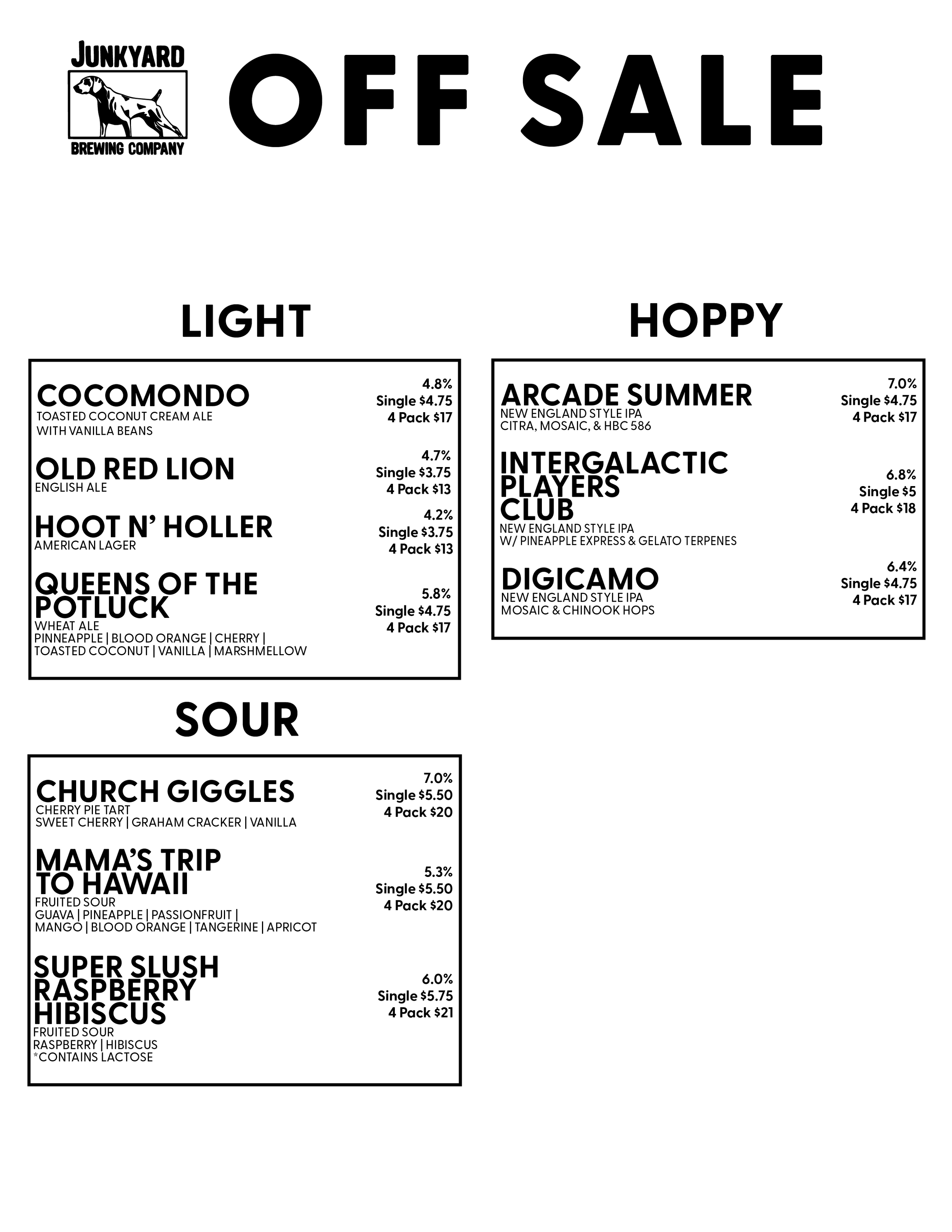 Menus — Junkyard Brewing Company | Small craft brewery in Moorhead, MN