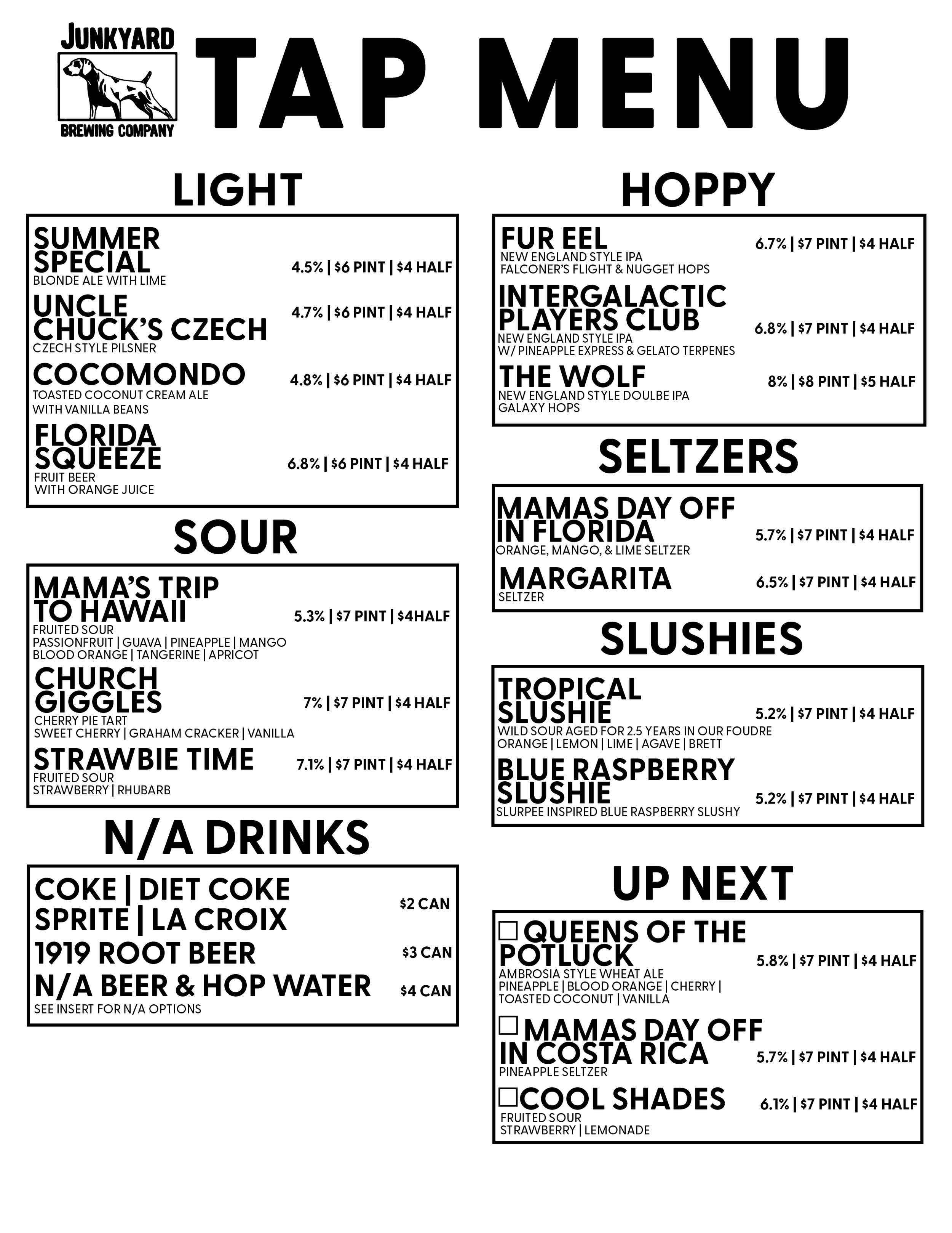 Menus — Junkyard Brewing Company | Small craft brewery in Moorhead, MN