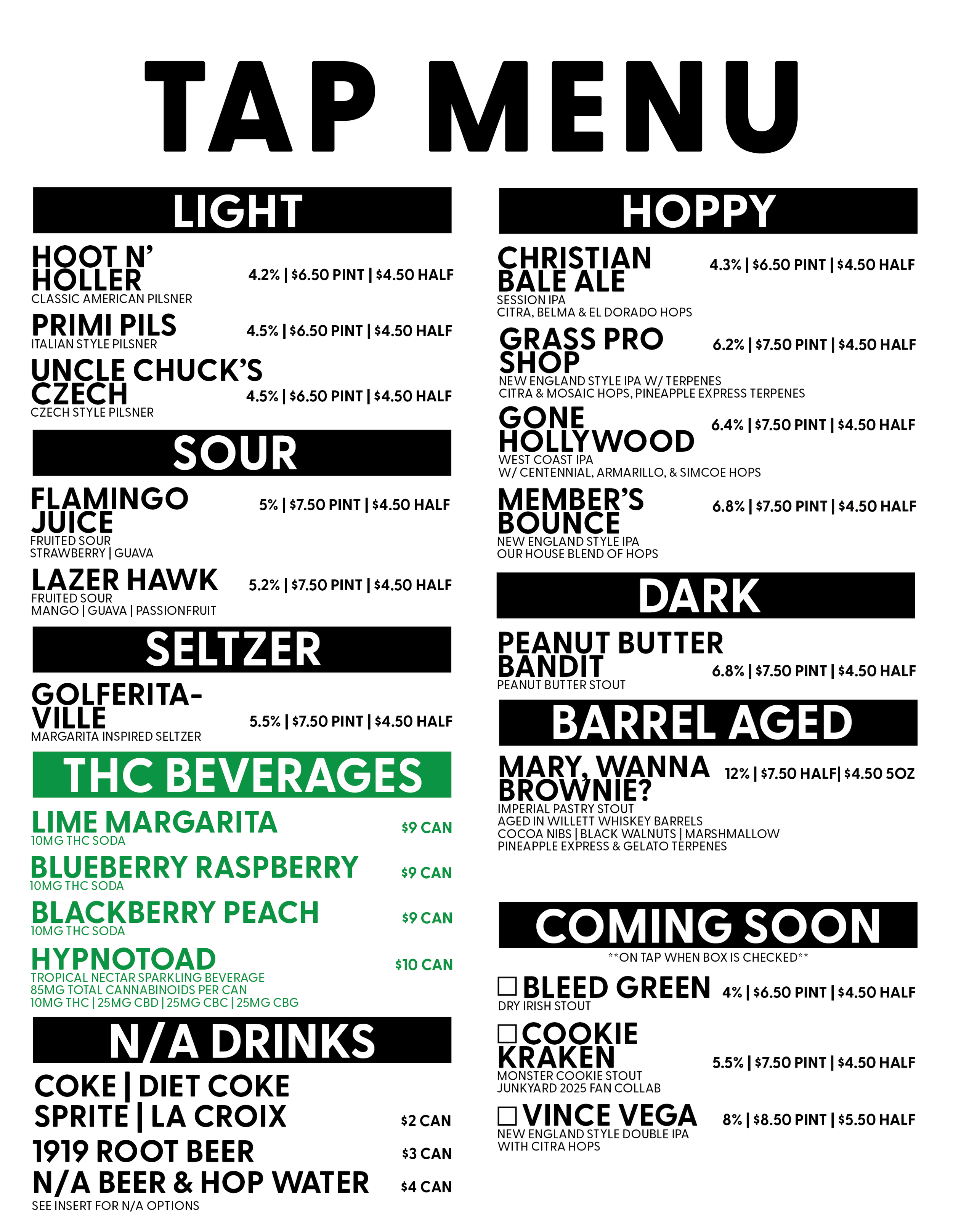 Menus — Junkyard Brewing Company | Small craft brewery in Moorhead, MN