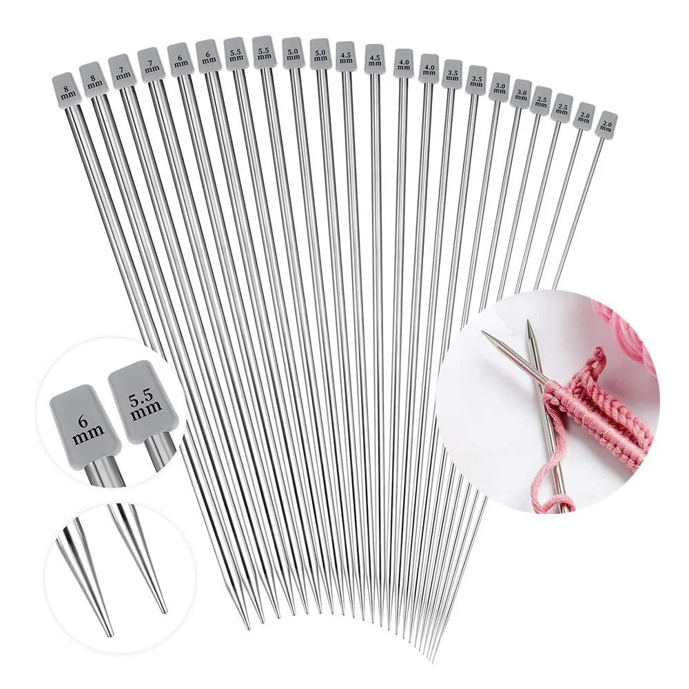 SINGLE POINTED KNITTING NEEDLES - 14” LONG - METAL - 11 PAIR SET ...