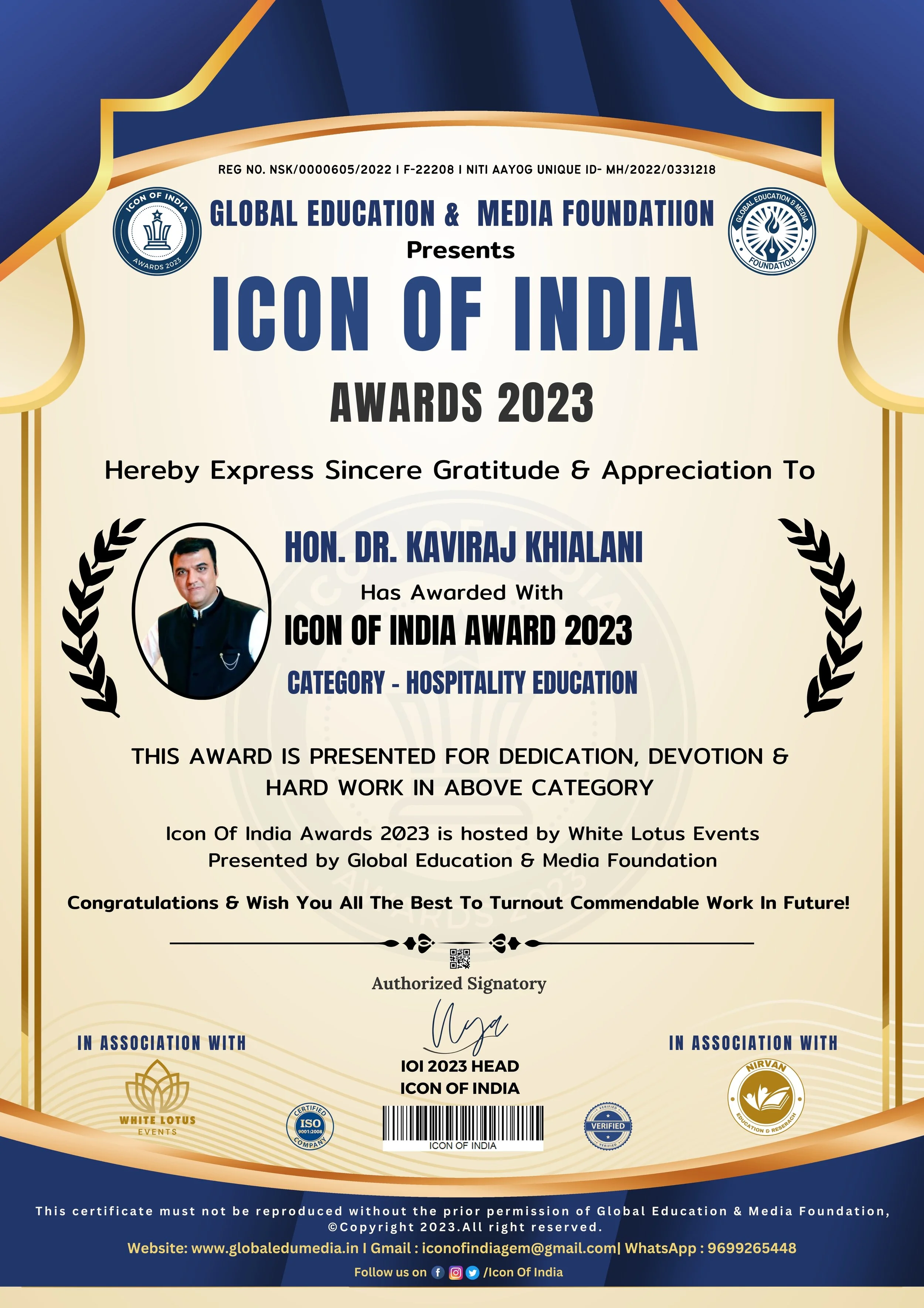 Dr. Kaviraj Khialani – Celebrity Master Chef Awarded With Icon Of India ...