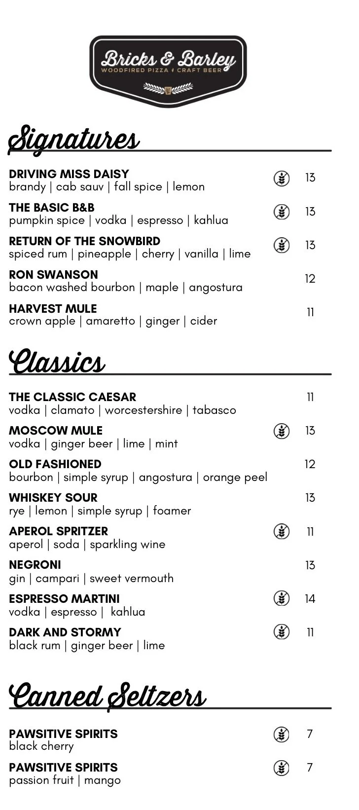 Menus — Bricks & Barley
