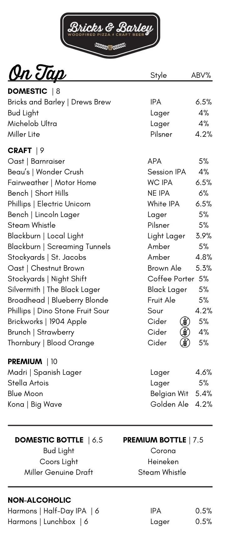 Menus — Bricks & Barley