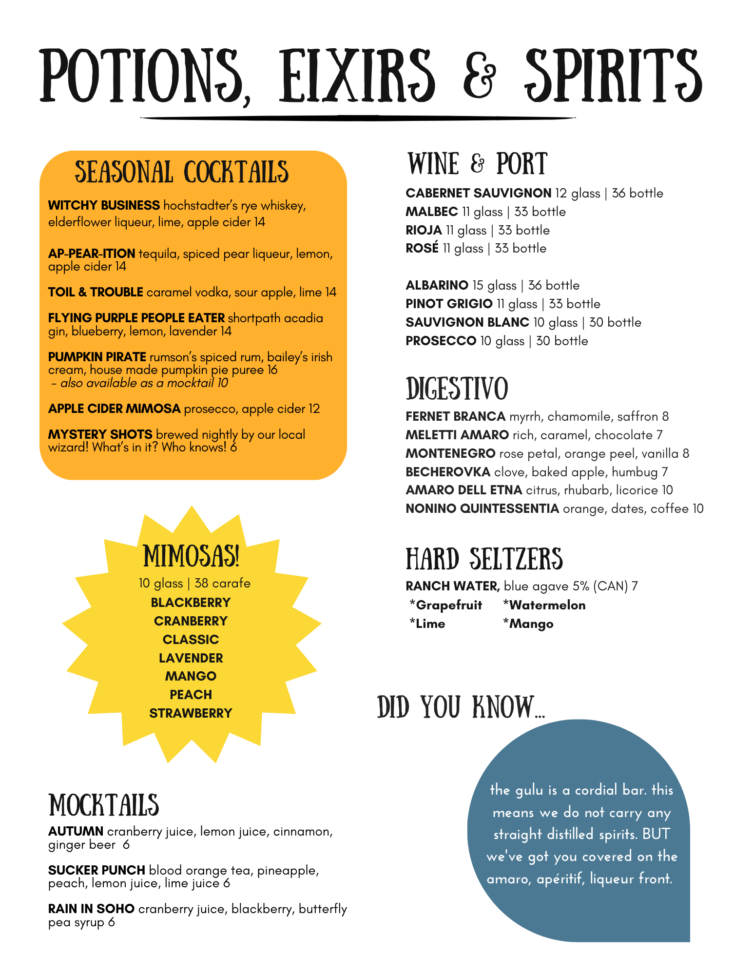 Libations & Wines — Gulu-Gulu Cafe