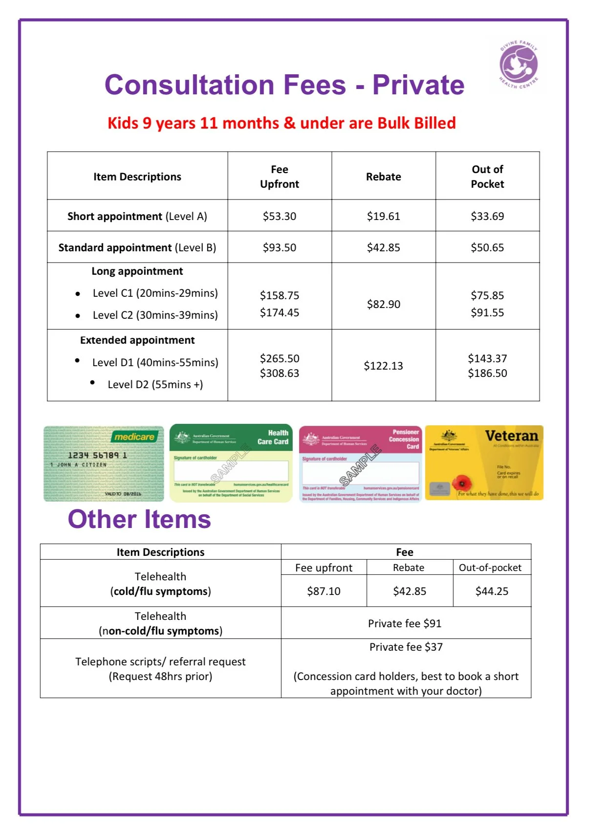Pricing & Payments — Divine Family Health Centre
