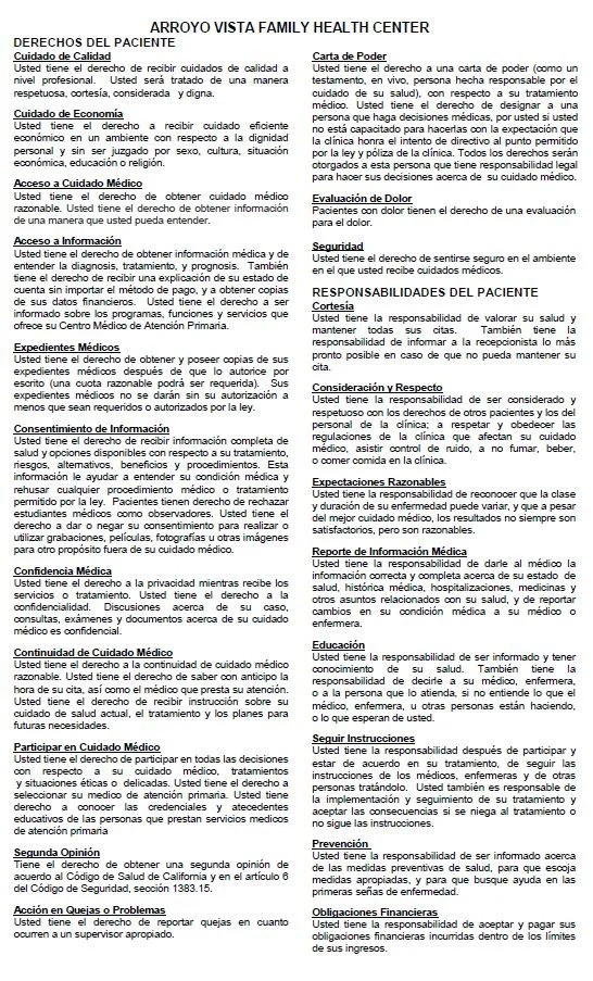 Derechos del Paciente — Arroyo Vista Family Health Center