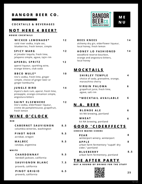 Food + Cocktail Menus — Bangor Beer Company