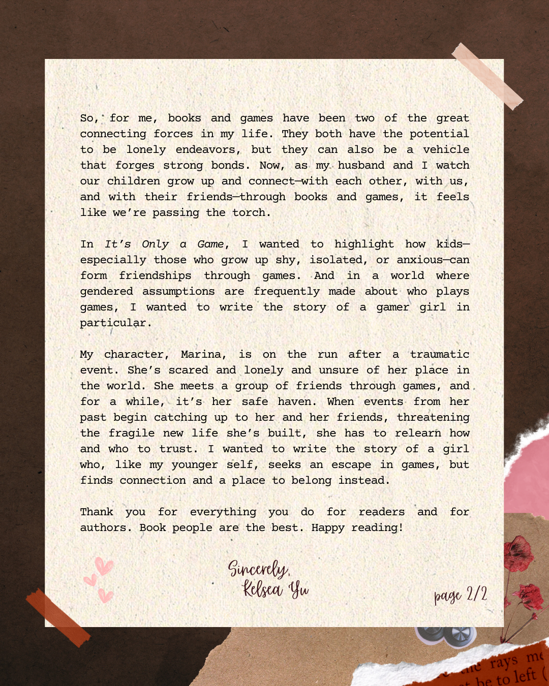 It's Only a Game ARC Letter — Kelsea Yu