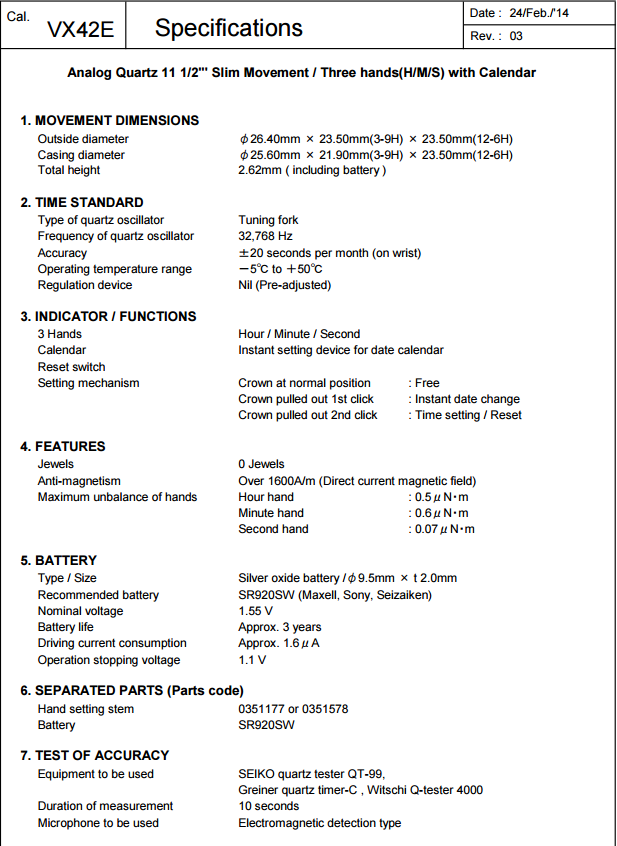 VX42 Epson Japan quartz movement — Alpha