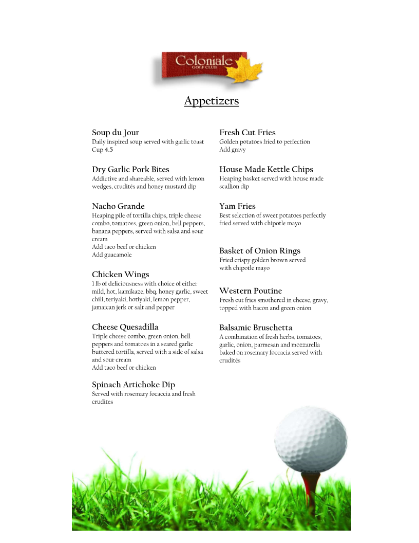 Coloniale Golf Club - Menus